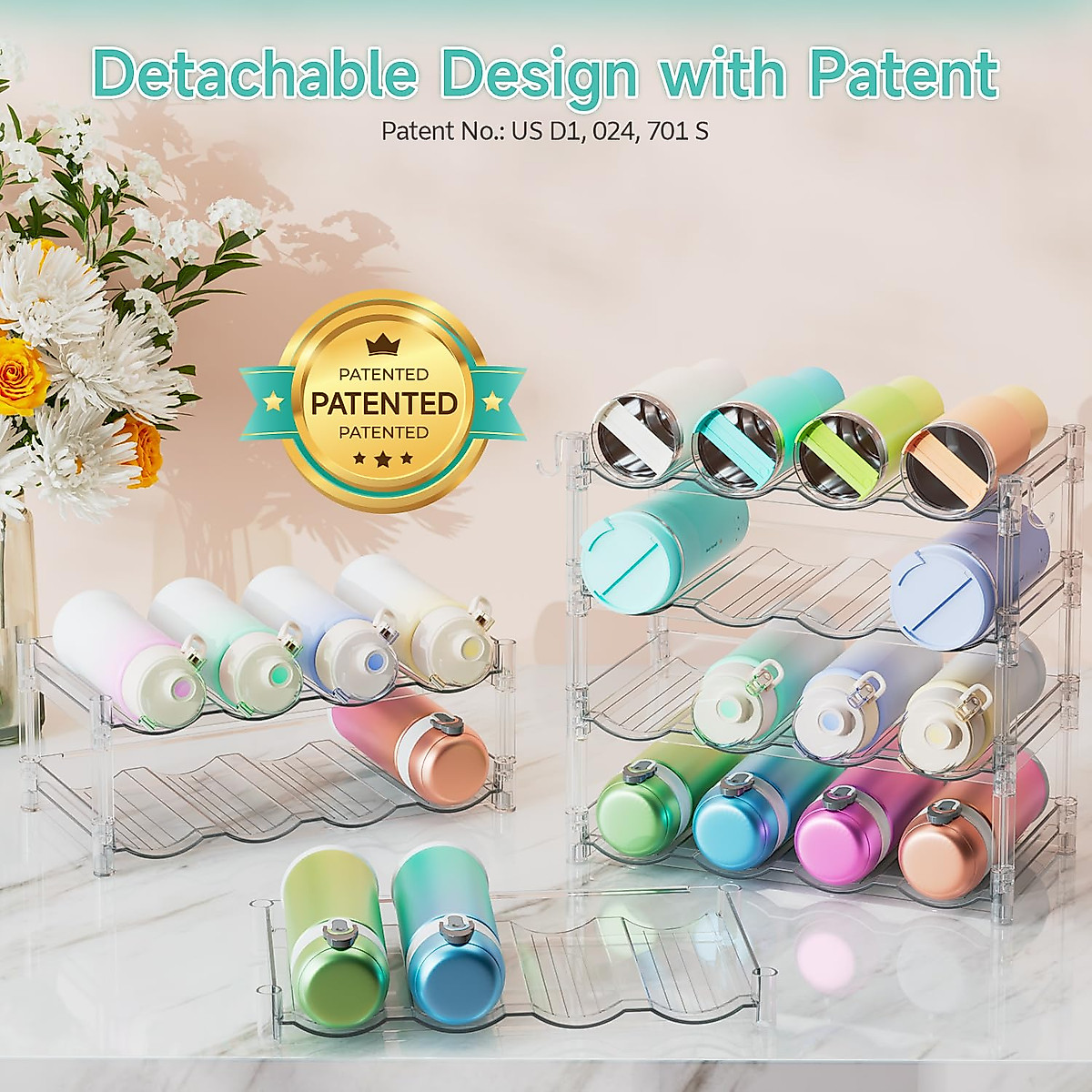 PouHenier.jh 4 Tier Large Water Bottle Rack Organizer for Cabinet, Stackable Tumbler Storage Organization Holder with 2 Hooks for Kitchen Countertop and Refrigerator, Compatible with 40 oz (Hold 16)