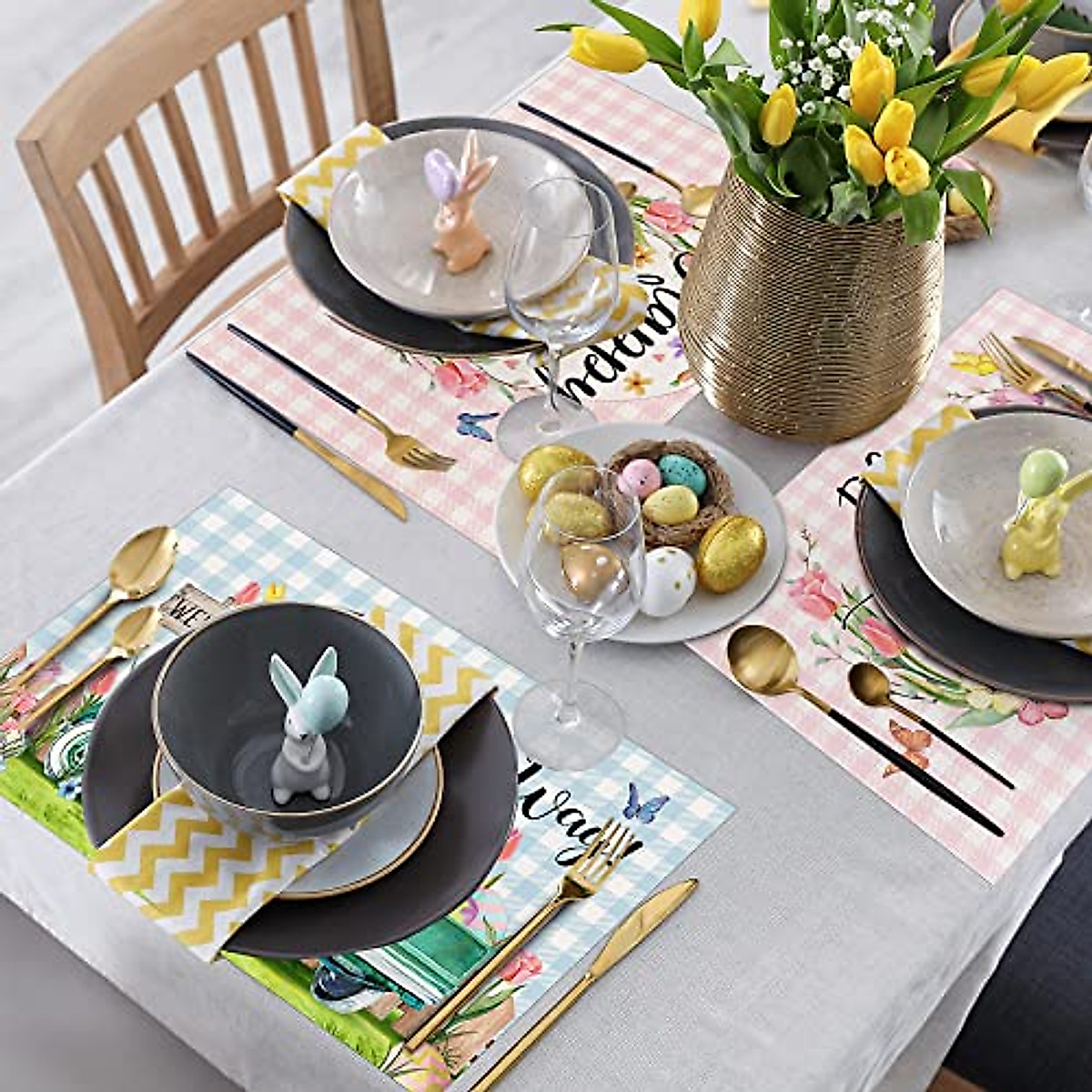 Pinata Easter Placemats Set of 6, Easter Placemats 12x18 Inch for Dining Table, Bunny Rabbit Easter Place Mats, Easter Table Decor, Farmhouse Rustic Table Mats