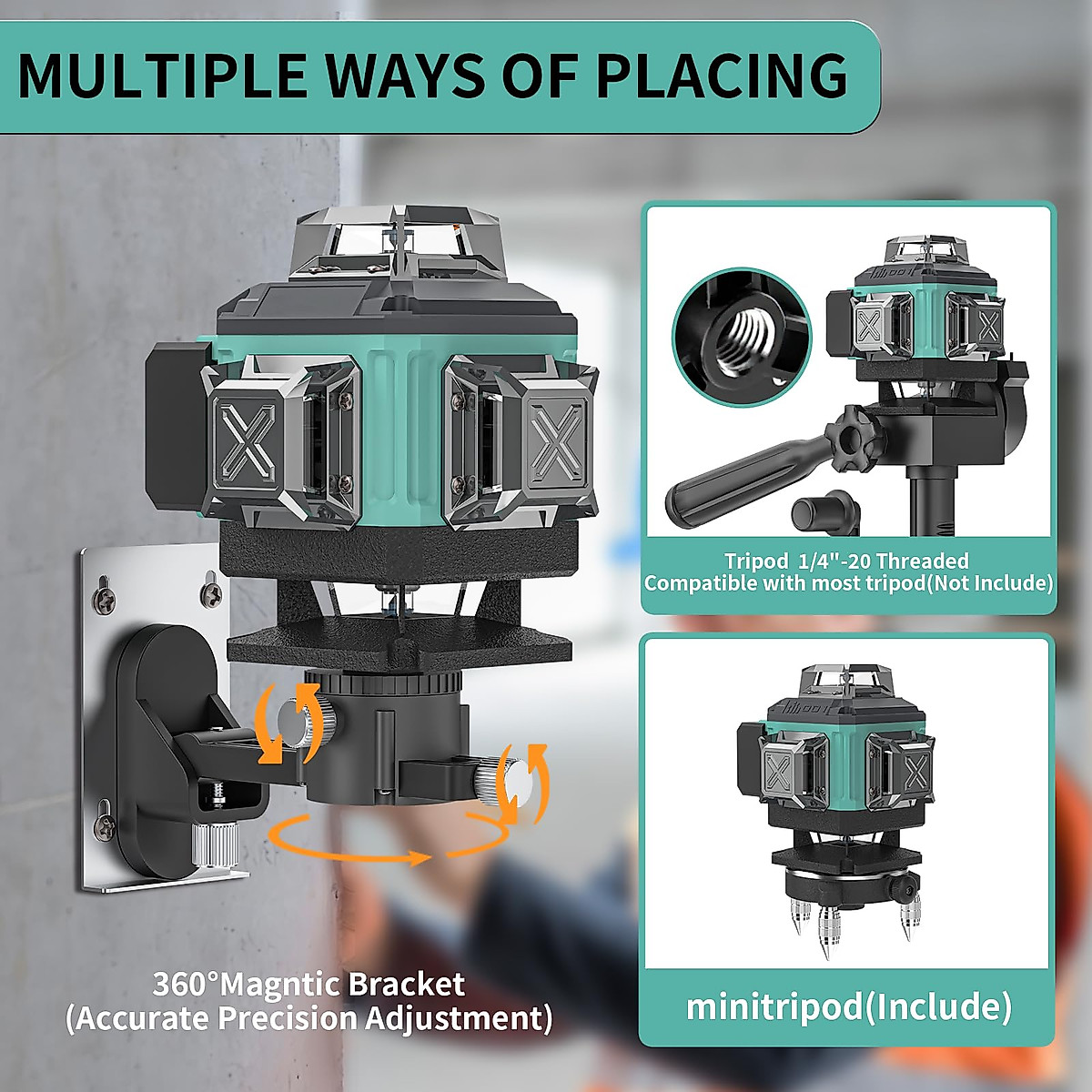 16 Lines Laser Level Self Leveling, 4x360° 4D Green Cross Line Lazer Level Tool with 2 Rechargable Batteries,Two 360° Vertical and Two 360° Horizontal Laser Dimmable brightness & Remote Controller