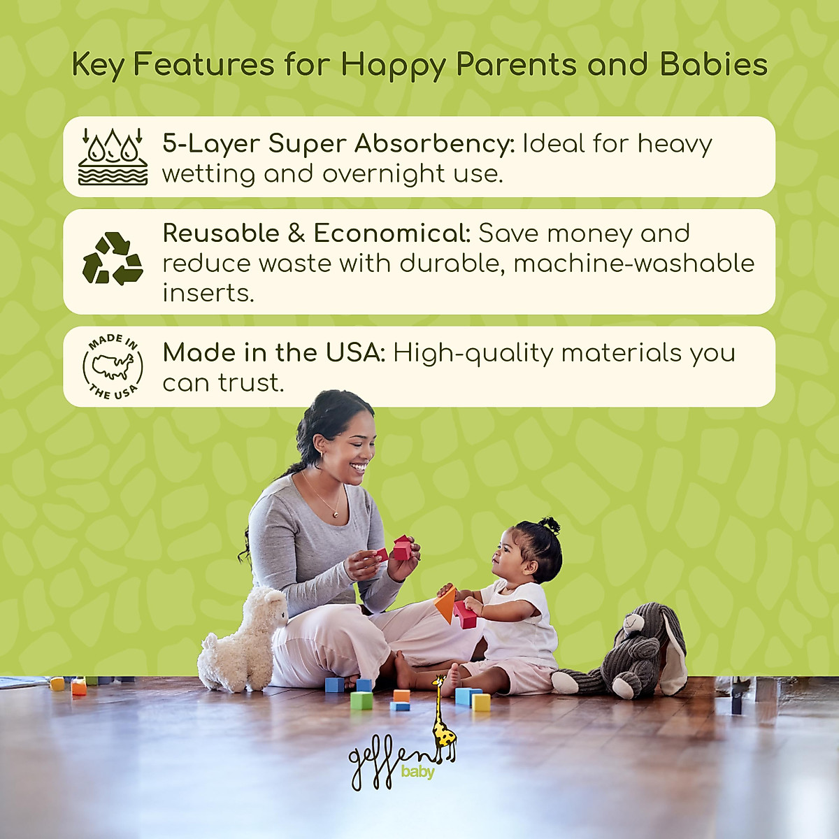 Geffen Baby Newborn Super Absorbers Cloth Diaper Inserts - 3 Pack | 5-Layer Reusable Booster Pads for Heavy Wetters, Overnight Diapering, and Naps | Slim Fit for Newborns