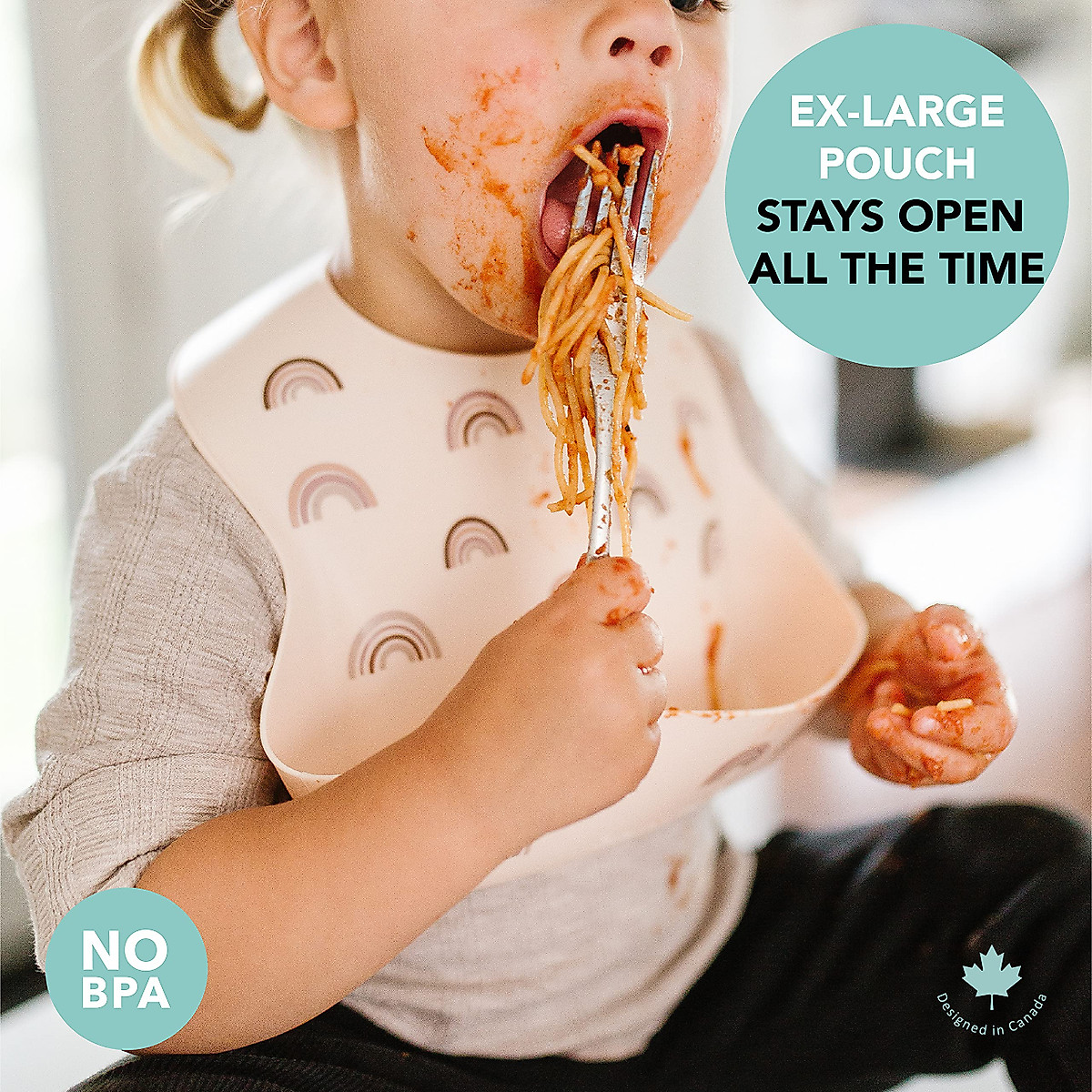 Loulou Lollipop Soft, Waterproof Silicone Feeding Bib for Babies and Toddlers 3 to 36 Months, Easy to Clean, Adjustable Fit and Catch-All Pouch - Rainbow