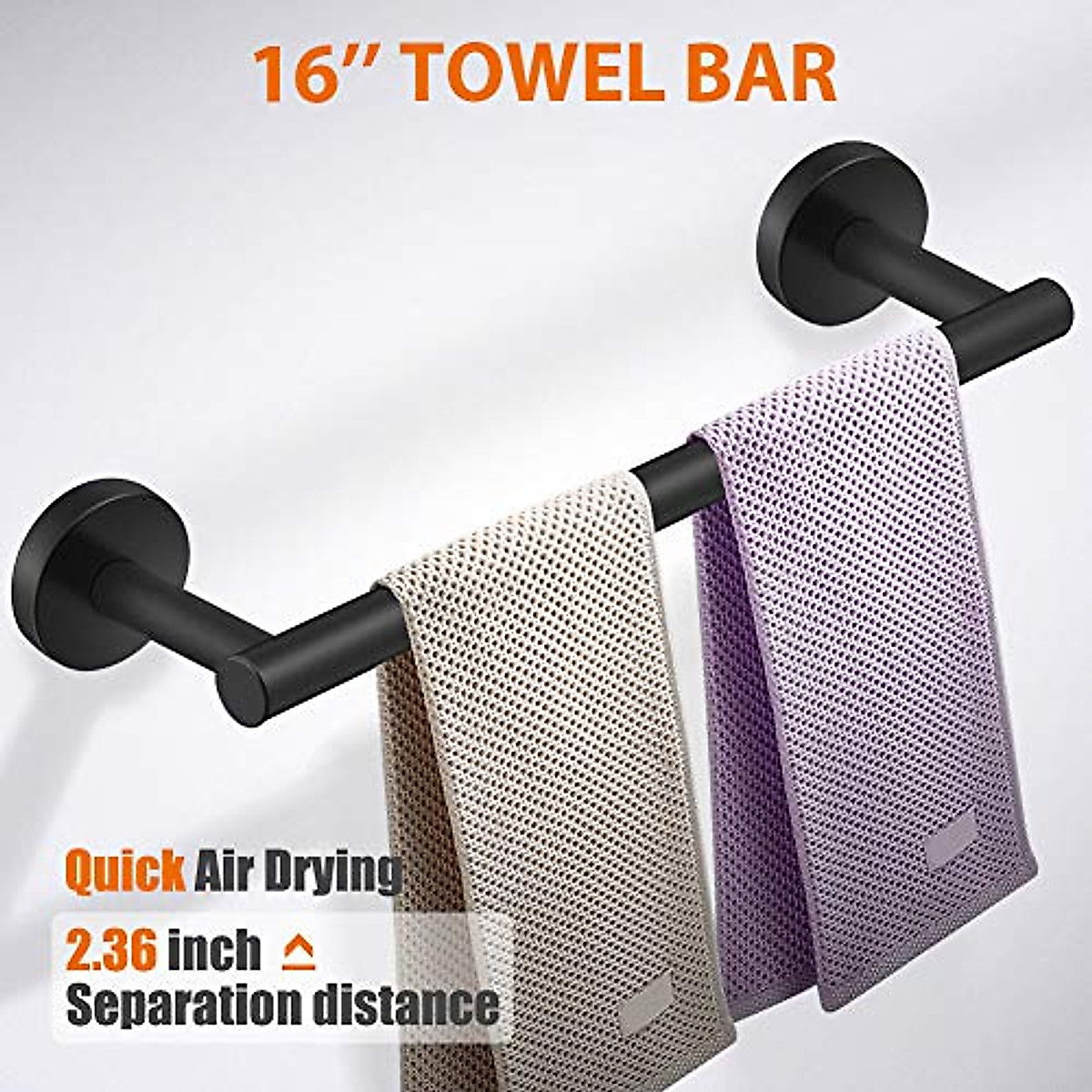 Tudoccy 5-Pieces Matte Black Bathroom Hardware Set SUS304 Stainless Steel Round Wall Mounted - Includes 16" Hand Towel Bar, Toilet Paper Holder, 3 Robe Towel Hooks,Bathroom Accessories Kit