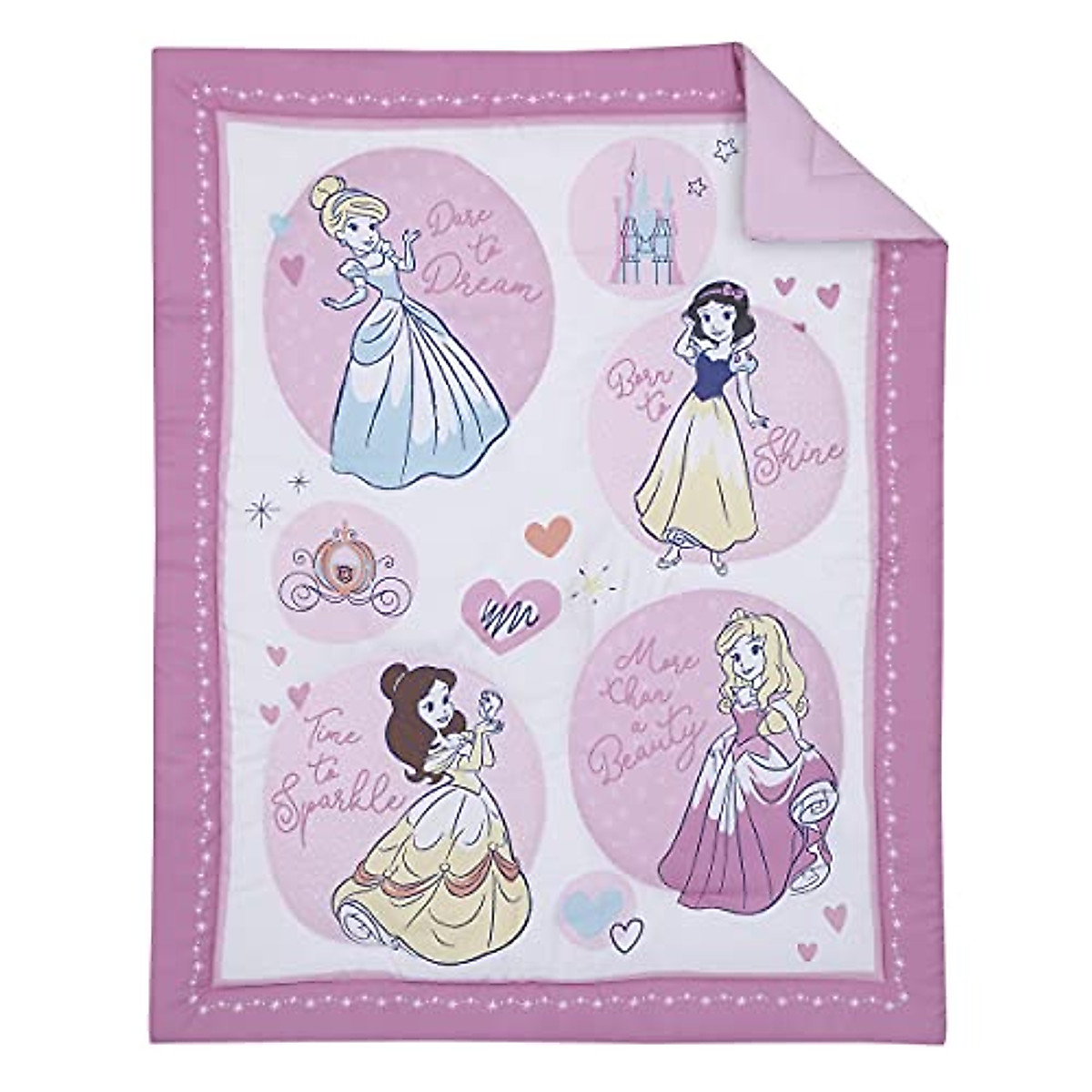 Disney Princess - Dare to Dream Pink and White, Castle, Hearts and Stars 3 Piece Nursery Crib Bedding Set - Comforter, Fitted Crib Sheet, and Crib Skirt