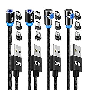 TOPK Magnetic Charging Cable 4-Pack [3ft/3ft/6ft/6ft] 3 in 1 Nylon Braided Magnetic Phone Charger, 360° Rotating Magnetic USB Cable Compatible with Micro USB, Type C, iProduct and Most Devices