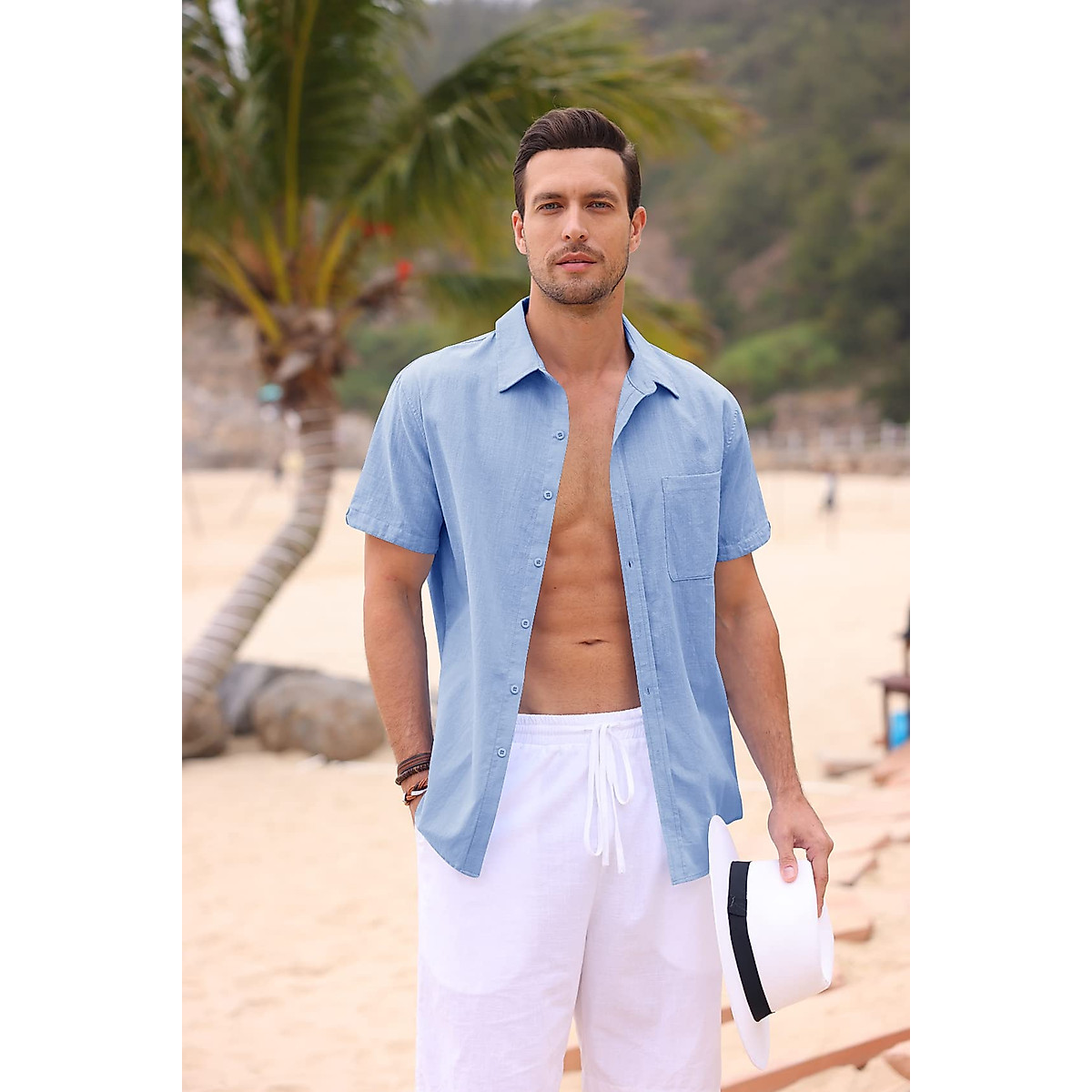 Mens Button Down Shirts Casual Short Sleeve Linen Tops Cotton Lightweight Fishing Tees Spread Collar Plain Shirt