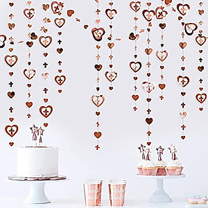 40 Ft Rose Gold Cross Heart Garlands 3D Hanging Paper Streamer for First Holy Communion Religious Christian Baptism Wedding Bridal Baby Shower Birthday Anniversary Engagement Party Decoration Supplies