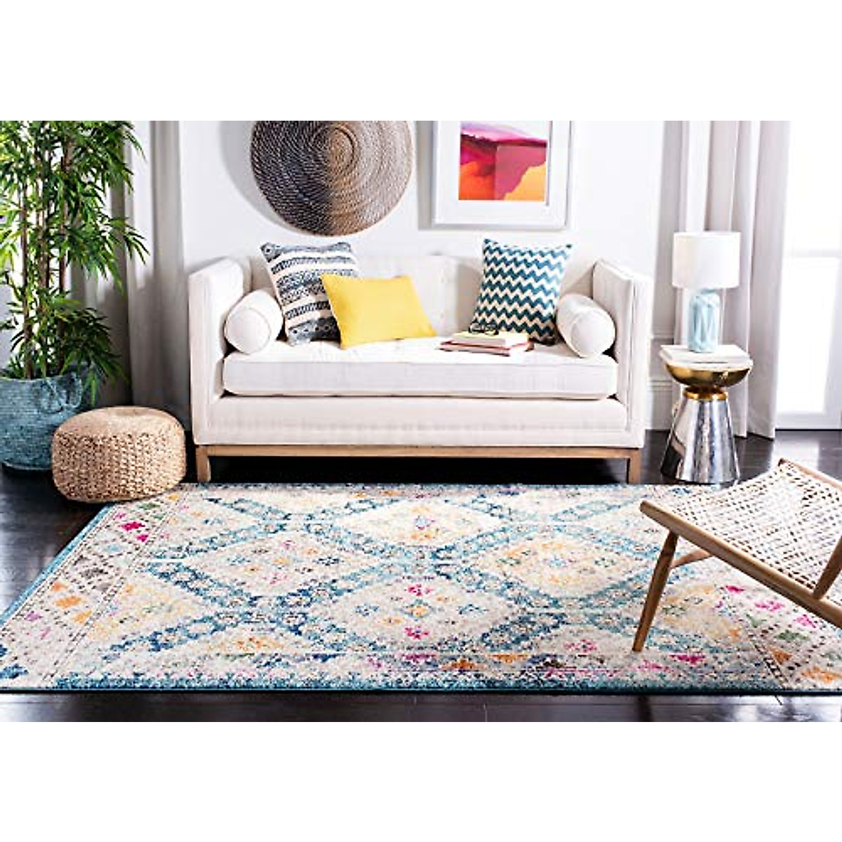 SAFAVIEH Madison Collection 8' x 10' Dark Blue / Yellow MAD418N Boho Diamond Distressed Non-Shedding Living Room Bedroom Dining Home Office Area Rug
