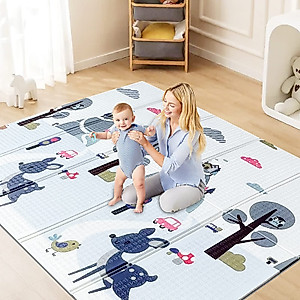 Baby Play Mat 79x71x0.4 Inch, Extra Large Waterproof Foldable Play Mat for Floor, Reversible Thickened Foam Activity Playmat for Babies, Toddlers, Kids, Safe Anti-Slip Tummy Time Baby Crawling Mat