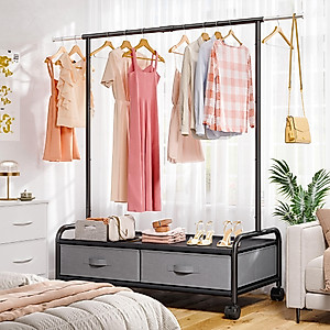 Raybee Clothes Rack, Heavy Duty Clothing Rack, Rolling Clothes Racks for Hanging Clothes, Portable Clothes Rack with Wheels, Garment Rack, 65.2" H x 58.7" W x 16.7" D, Black