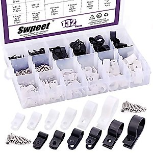 Swpeet 135 Pack 6 Sizes White+Black Nylon Plastic R-Type Cable Clips Clamp Assortment Kit, 3/16" 1/4" 3/8" 1/2" 3/4" 1" Nylon Screw Mounting Cord Fastener Clips with 135Pcs Screws for Wire Management