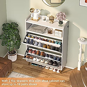 Aheaplus Shoe Cabinet with Flip Doors, Shoes Storage Organizer with Motion Sensor Led Light, Entryway Wood Freestanding Tipping Bucket Shoe Rack with Open Shelves for Closet,Living Room, Grey&White