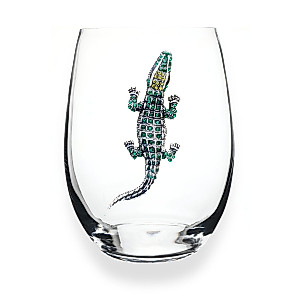 THE QUEENS' JEWELS Alligator Jeweled Stemless Wine Glass, 21 oz. - Unique Gift for Women, Birthday, Cute, Fun, Not Painted, Decorated, Bling, Bedazzled, Rhinestone