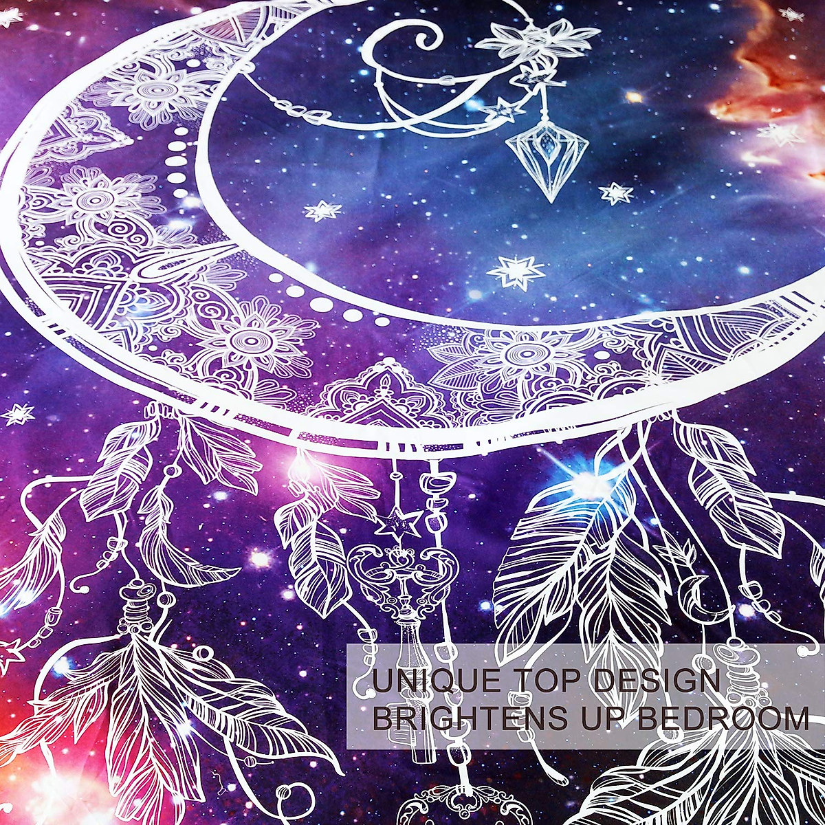 BlessLiving Star Galaxy Bedding Crescent Moon Duvet Cover Purple Pink Bedding 3 Pieces Feather Design Quilt Cover Space Comforter Cover Set (Full)