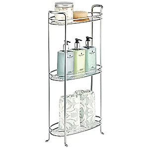 mDesign 3 Tier Vertical Standing Bathroom Shelving Unit, Decorative Metal Storage Organizer Tower Rack with 3 Basket Bins to Hold and Organize Bath Towels, Hand Soap, Toiletries - Chrome