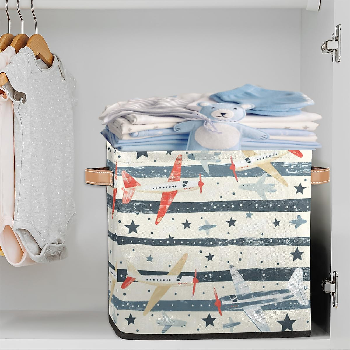 Tablerazzi Cute Airplane Cube Storage Bin, 13 Inch Collapsible Fabric Storage Cube Bin, Foldable Cube Baskets for Shelf, Closet, Organizer