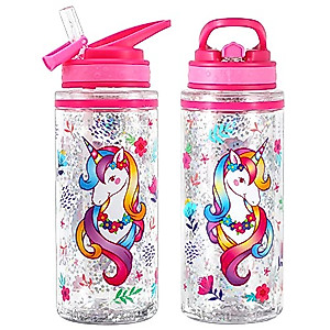 Home Tune Cute Water Bottle for School Kids Girls Boys, BPA FREE Tritan, Double Wall, Leak Proof Flip Straw, Easy Clean, Carry Handle, 15oz/ 450ml - Unicorn