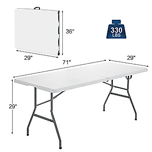 Giantex Folding Picnic Table, 6FT Card Table HDPE, Portable Foldable Tables for Party BBQ, Metal Legs, White Outdoor Camping Table with Handle, No Assembly (White)