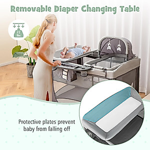 HONEY JOY Pack and Play with Bassinet, 4-in-1 Baby Playard with Changing Table & Removable Infant Full-Size Bassinet, Diaper Storage Basket & Music, Foldable Nursery Center w/Carry Bag (Gray)