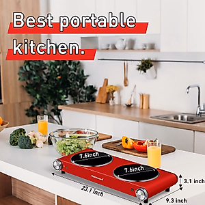 Hot Plate, Techwood 1800W Dual Electric Stoves, Countertop Stove Double Burner for Cooking, Infrared Ceramic Hot Plates Double Cooktop, Red, Brushed Stainless Steel Easy To Clean Upgraded Version, Red