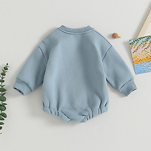 VISGOGO Baby Boy Oversized Sweatshirt Romper Solid Long Sleeve Little Dude Romper Sweater Onesie Top Fall Clothes (Blue, 0-3 Months)