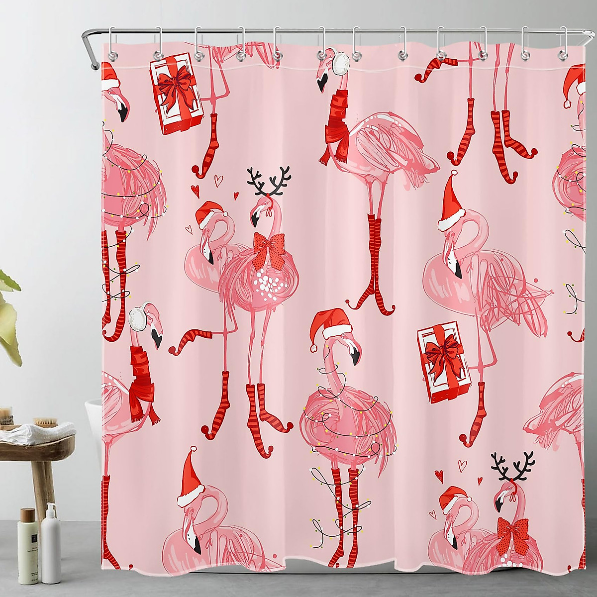 HVEST Christmas Flamingo Shower Curtain, Pink Flamingo with Xmas Hat and Stocking on Pink Background Shower Curtain for Bathroom, Fabric Shower Curtain with Hooks, 72W x 78L Inches