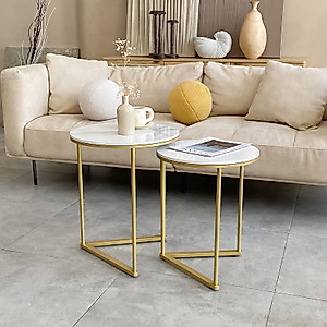Wisfor Nesting Side Table Set of 2 Gold Marble Nesting Accent Table Set with Sintered Stone Desktop for Living Room