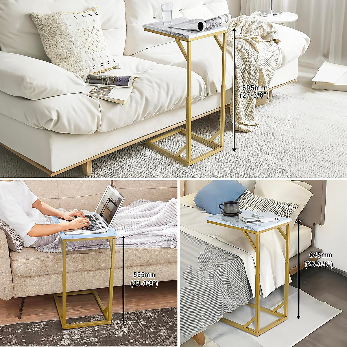 Serteaw C-Shaped End Table, Sturdy Side Table for Couch Sofa Bedside Small Space,C Snack Table TV Tray Record Player Stand Small Tables for Living Room Bedroom,Easy to Assemble,Gold