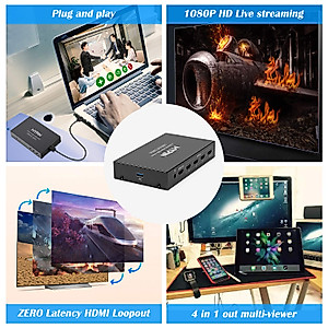 USB3.0 HDMI Video Capture Card, 4-Channel 1080P@60fps HDMI Game Caputre for Multi-Channel Live Streaming with Loop Out for Xbox One/ PS4/ Wii U/Nintendo Switch