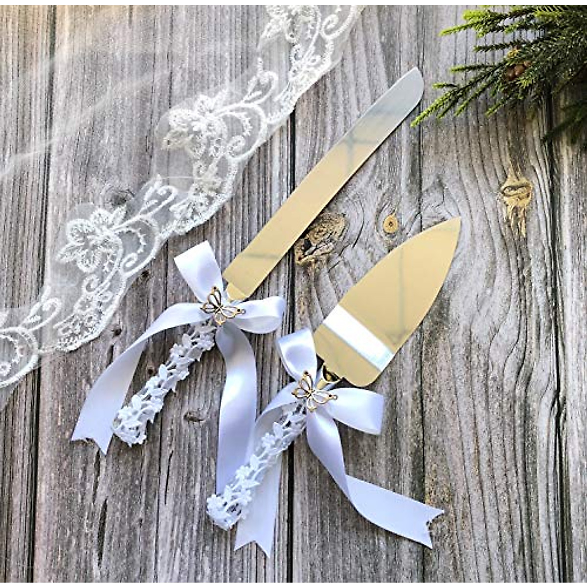 Abbie Home Wedding Cake Knife and Server Set - Flower Wrapped Handle with Silk Bow and Rhinestone Jewelry Décor (Butterfly)