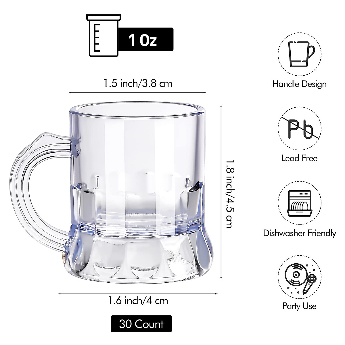 Breroa 30 Pieces Mini Plastic Beer Mugs 1 Ounce Mini Beer Mug Shot Glasses with Handles Clear Reusable Beer Stein Beer Tasting Glasses for Drinking Beer Festival Party Barbecue Wedding