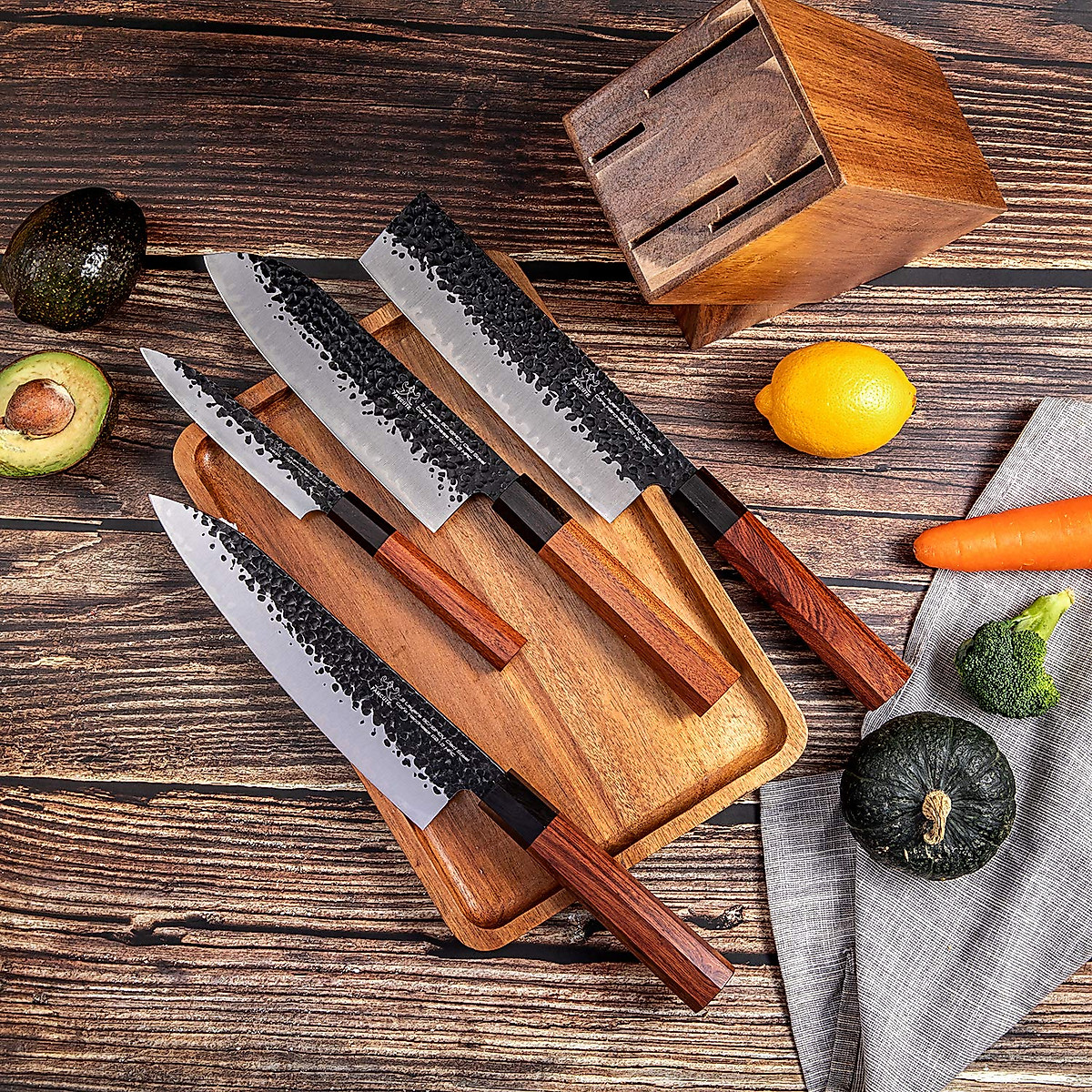 FAMCÜTE Japanese Chef Knife Set, 3 Layer 9CR18MOV Clad Steel w/Rosewood Handle and Block Wooden Holder for 4PCS Kitchen Knife Set (8” Gyuto Knife, 7” Nakiri Knife, 7” Santoku knife, 5” Utility knife)