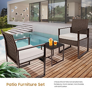 YIYAN Patio Furniture Set 3 Pieces Outdoor Rattan Chair Wicker Sofa Garden Conversation Bistro Sets with Coffee Table,Comfortable Washable Cushions (White)