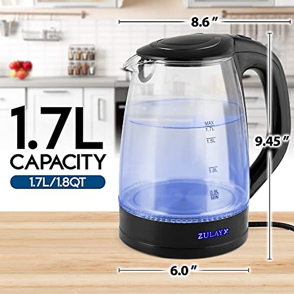 Zulay 1.7L Glass Electric Kettle with Blue LED Light - Borosilicate Glass Hot Water Kettle Electric - Electric Glass Kettle Water Boiler with Auto Shut-Off and Boil-Dry Protection