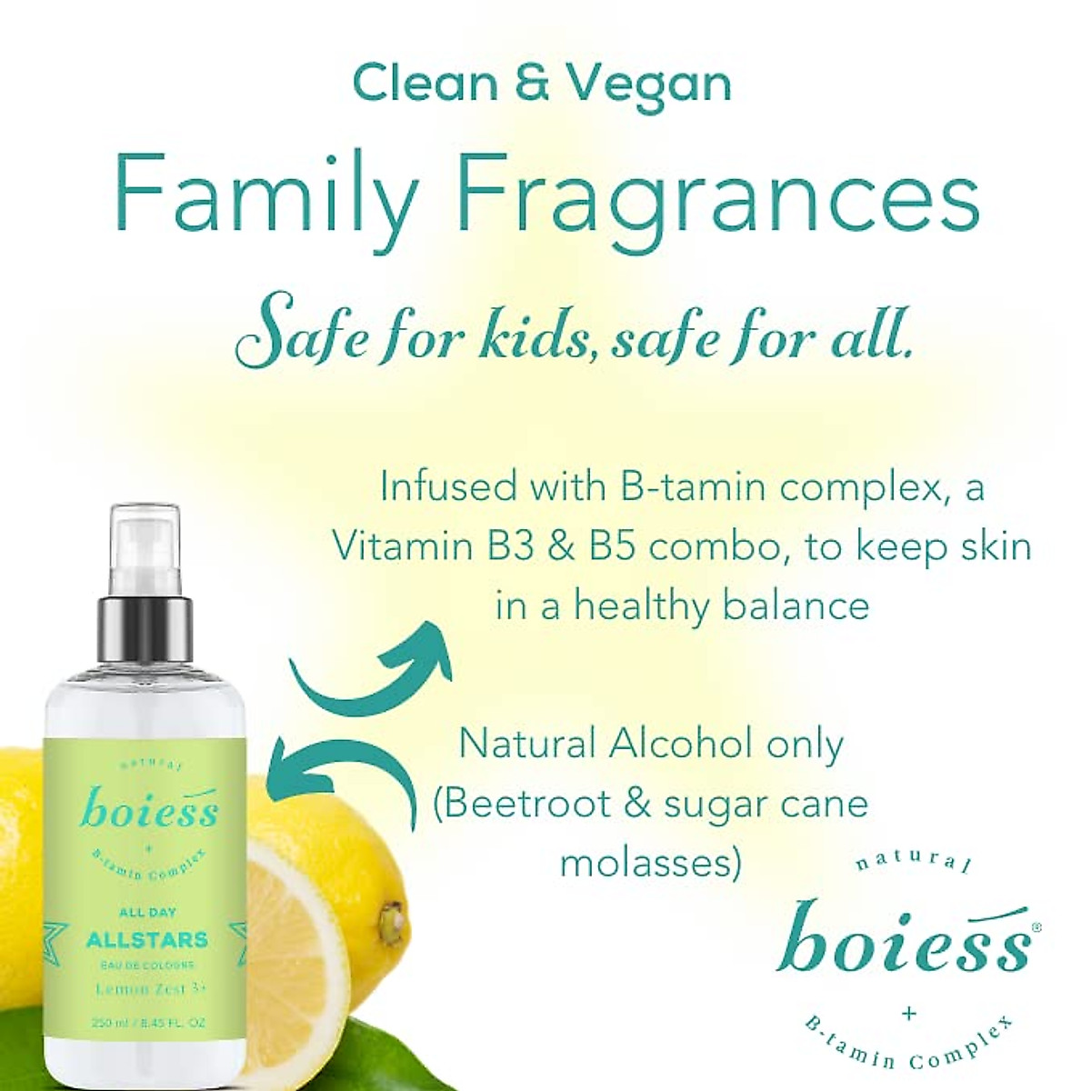 Boiess All day Allstars Vegan Eau de Cologne Lemon/Jasmine | Made With Natural & Essential Oils For Both Kids & Adults | Children Fragrance For Sensitive Skin | Size: 8.45 Fl Oz