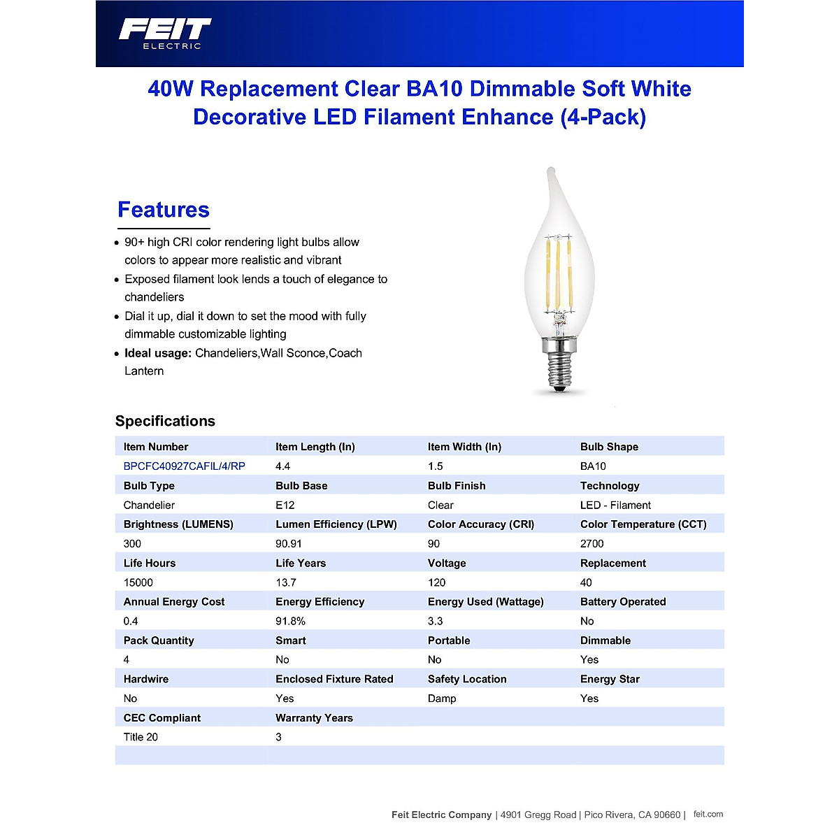 Feit Electric Candelabra LED Light Bulbs, Dimmable, 40W Equivalent, E12 Base, 2700K Soft White, Vintage B10 Filament Candle Light Bulb for Chandelier, BPCFC40927CAFIL/4/RP, 4 Pack