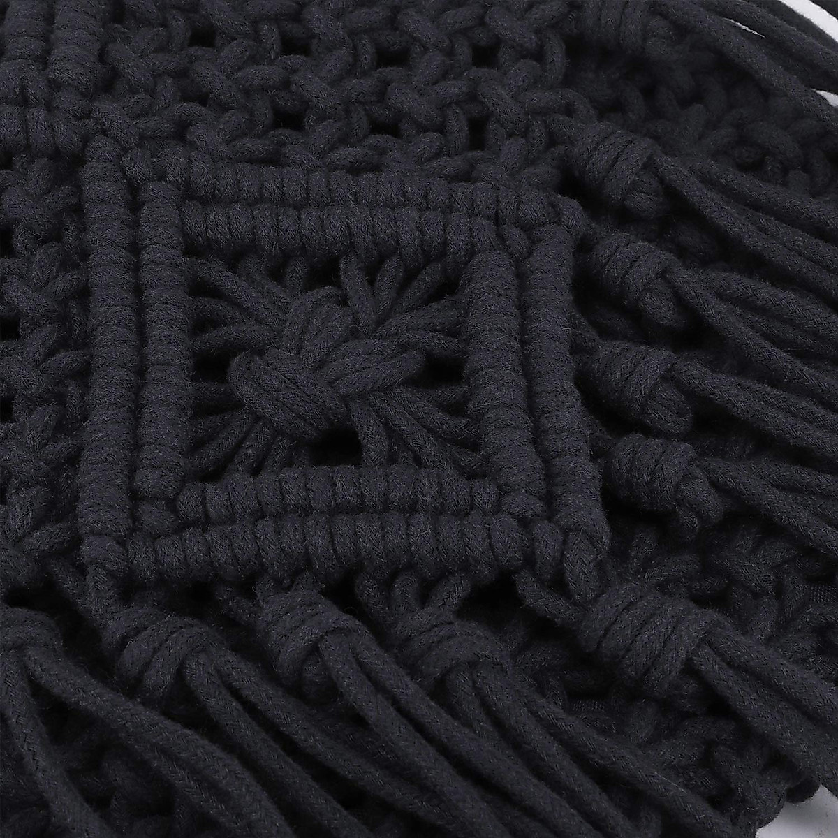 QTKJ Women's Crochet Square Crossbody Bag Hand-Woven Boho Tassels Summer Beach Cotton Messenger Shoulder Bag with Zipper (Black)