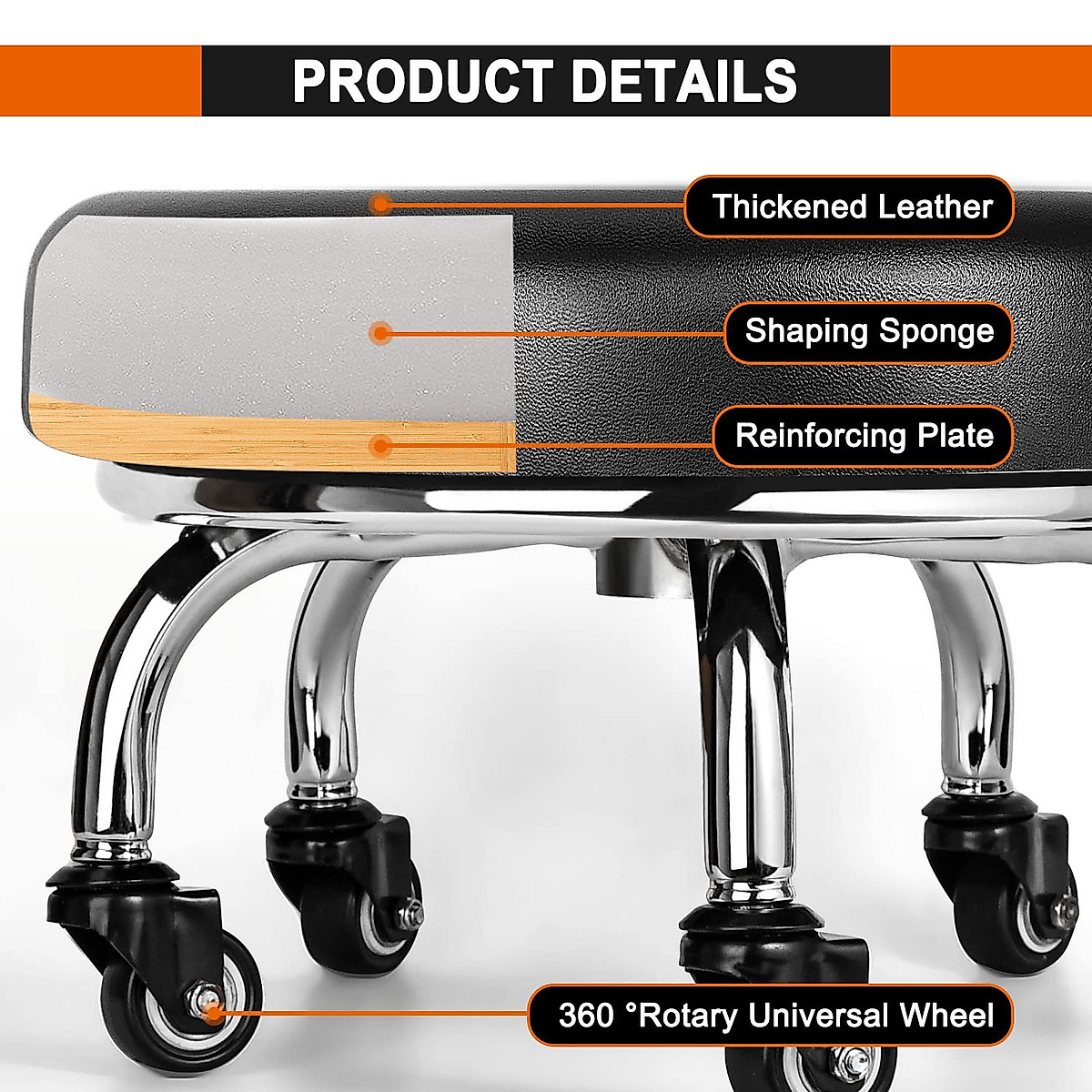 FLOLXNB Low Rolling Stool, Low Stool with Wheels, PU Leather Low Roller Seat Stool Chair, Rolling Seat Stool for Home Office Garage Shop (Style 2)