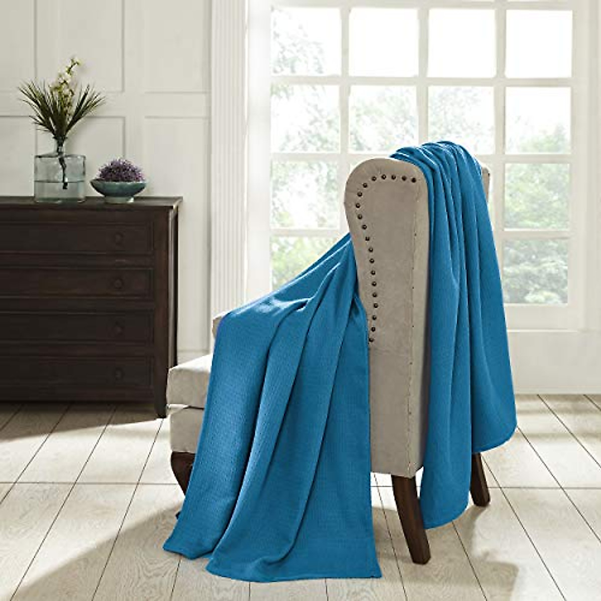 SUPERIOR Cotton Waffle Throw Blanket, Lightweight Breathable Bedding, for Travel, Dorm, Apartment, or Home, Machine Washable, Ultra Soft and Cozy, All-Season Covering, Twin, Azure