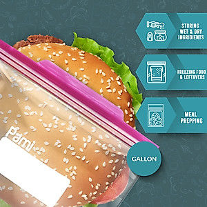PAMI 60-Pack Gallon Sandwich Bags, Leakproof Double Zipper Storage Bags with Expandable Bottom, Write-On Label, Thick Reusable