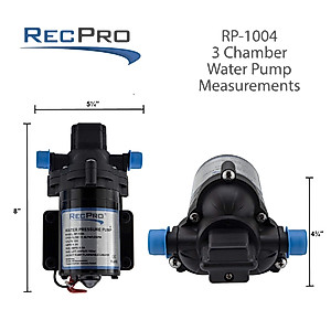 RecPro RV Water Pump | 12V Electric 3 Chamber with Pressure Switch | 45 PSI Max Draw 8.0AMP GPM/LPM 3.0/11.6 | Self Priming (With Strainer, With Silencer)