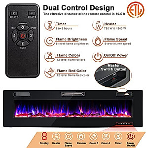 COSTWAY 60 Inches Ultra-thin Electric Fireplace, 750W/1500W Recessed & Wall Mounted Electric Fireplace with Remote Control, Timer, Log & Decorative Crystals, Adjustable Flame Color, Brightness, Speed 