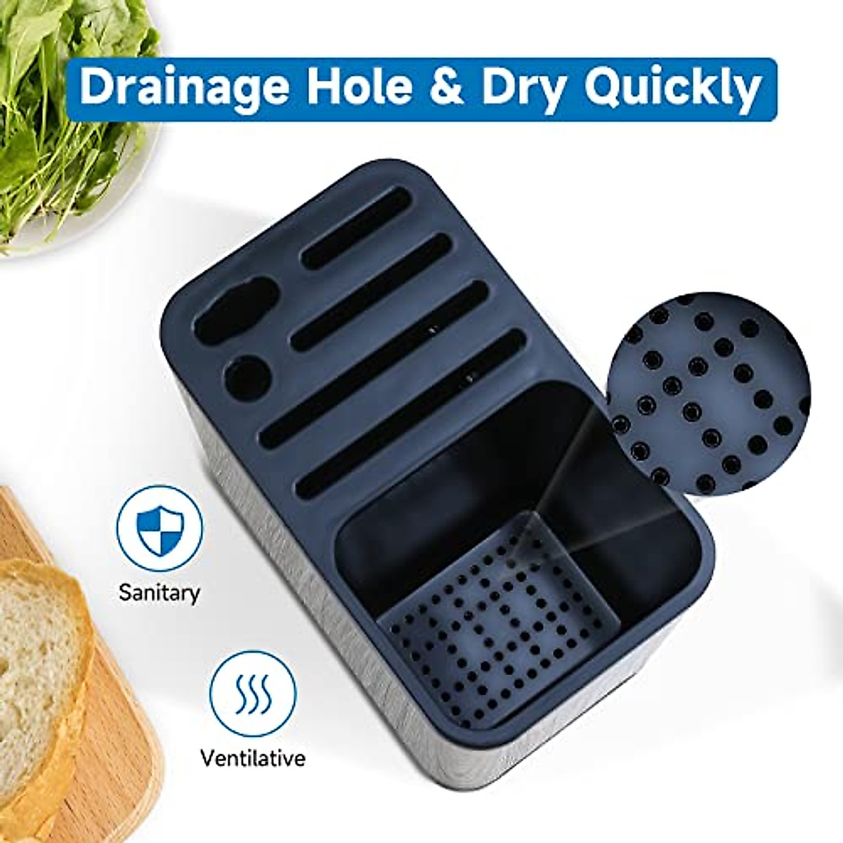 BIARTS 2 in 1 Universal Knife Block without Knives Stainless Steel Knife Holder for Kitchen Counter with Drainage Hole Knife Storage with Utensil Holder Modern Design, Rectangle, 7.7"L x 4.6"W x 7.9"H