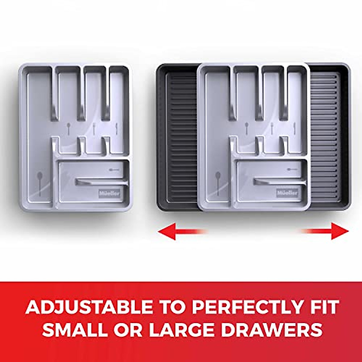 Mueller Large Flatware Kitchen Drawer Organizer, Expandable 19.7" x 15" Silverware Organizer, 6 Compartments, Heavy-Duty, Cutlery Tray for Utensils or Stuff, Dining Room, Living Room, Grey