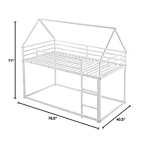 Merax Modern Heavy Metal House Low Bunk Bed Twin Over Twin, Montessori Floor Bunk Bed Frame with Full-Length Guardrail/No Box Spring Needed White