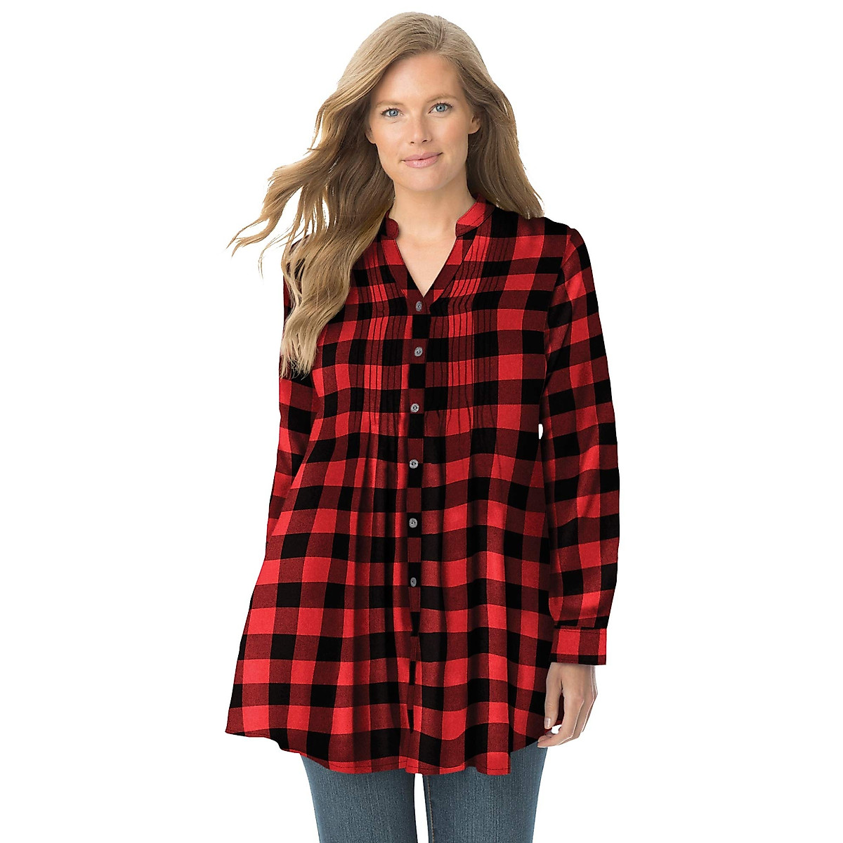 Woman Within Women's Plus Size Pintucked Flannel Shirt - 2X, Vivid Red Buffalo Plaid