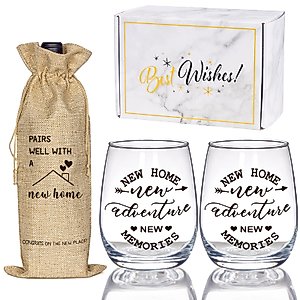 House Warming Gifts New Home, Housewarming Gift Stemless Wine Glass & Bottle Gift Bag Set for Newlywed Couple, Women, Friends, New Homeowner, Unique New Home Gifts for Home, Realtor Gift for Clients