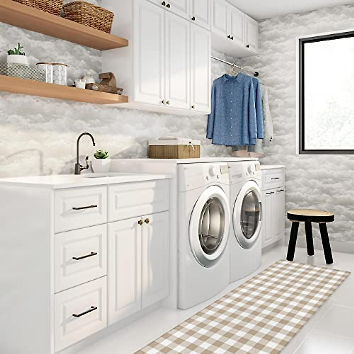 Kitchen Runner Rug, Country Rural Style Khaki and White Gingham Buffalo Check Non Slip Runner Carpet Door Mats Floor Mat for Laundry Bedside Bathroom Bedroom 15.7"X47.2"