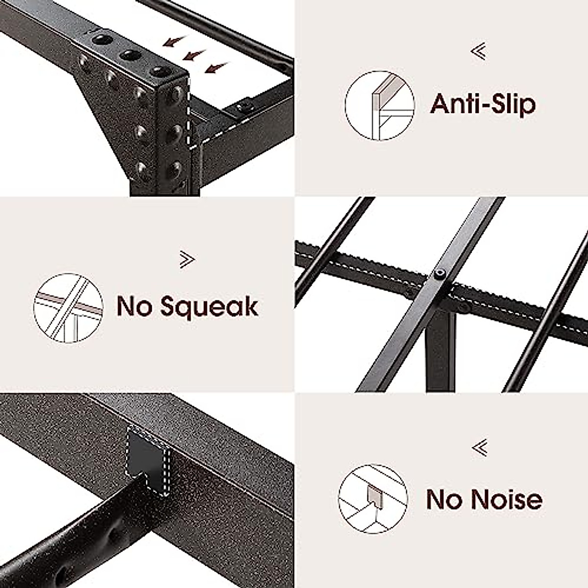 WEEWAY Queen Size Metal Platform Bed Frame with Wood Headboard, Industrial Rivets Design, Large Under Bed Storage, Mattress Foundation, No Box Spring Needed, Brown