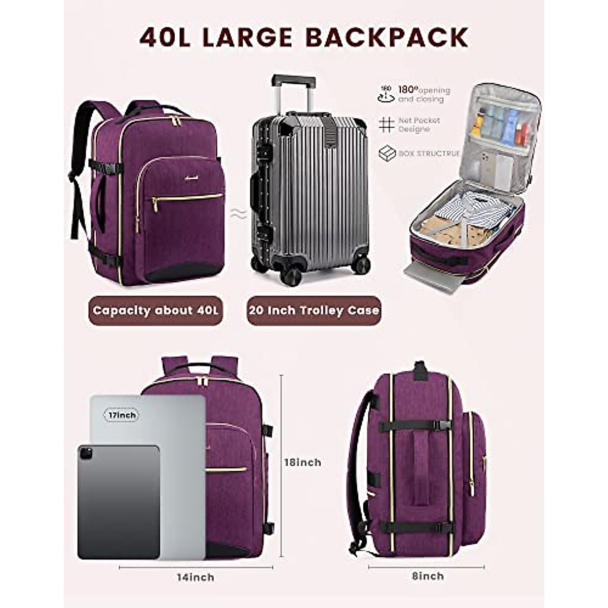 LOVEVOOK Large Travel Laptop Backpack Women, 40L Flight Approved Carry on Backpack Waterproof 17.3inch Luggage Daypack Business Weekender Overnight Backpacks Bag with 3 Packing Cubes, Purple