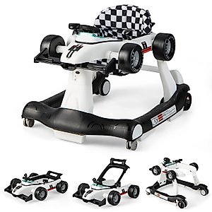GLACER 4-in-1 Baby Walker, Folding Infant Walker with Adjustable Height & Speed, Music Box with Light, Steering Wheel, Soft Cushion, Toddler Toy Activity Center for Babies Aged 6-18 Months